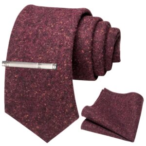 JEMYGINS Burgundy Cashmere Wool Necktie and Pocket Square, Hankerchief and Tie Clip Sets for Men (4)