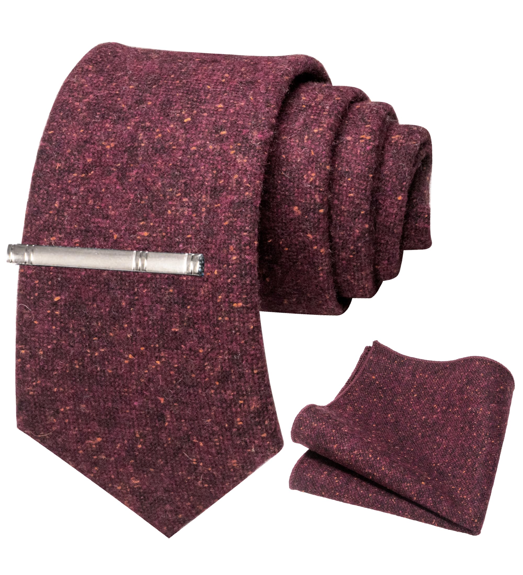 JEMYGINS Burgundy Cashmere Wool Necktie and Pocket Square, Hankerchief and Tie Clip Sets for Men (4)