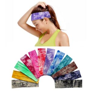 12 pack cotton headbands by teemico - tie dye headbands cotton stretch headbands elastic yoga hairband for teens girls women exercise running sports hair wrap accessories