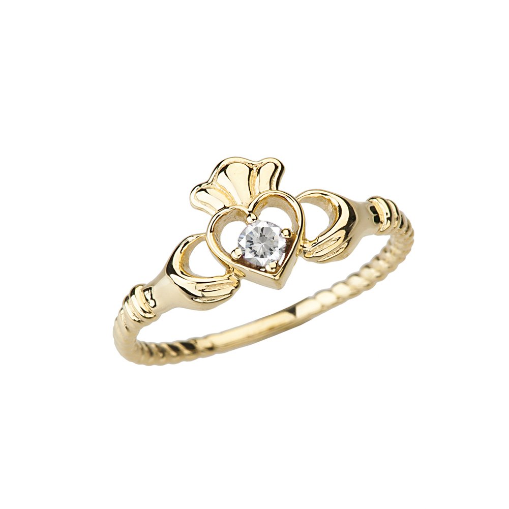 Dainty 10k Yellow Gold Open Heart Solitaire Diamond Rope Claddagh Promise Ring (Size 7)