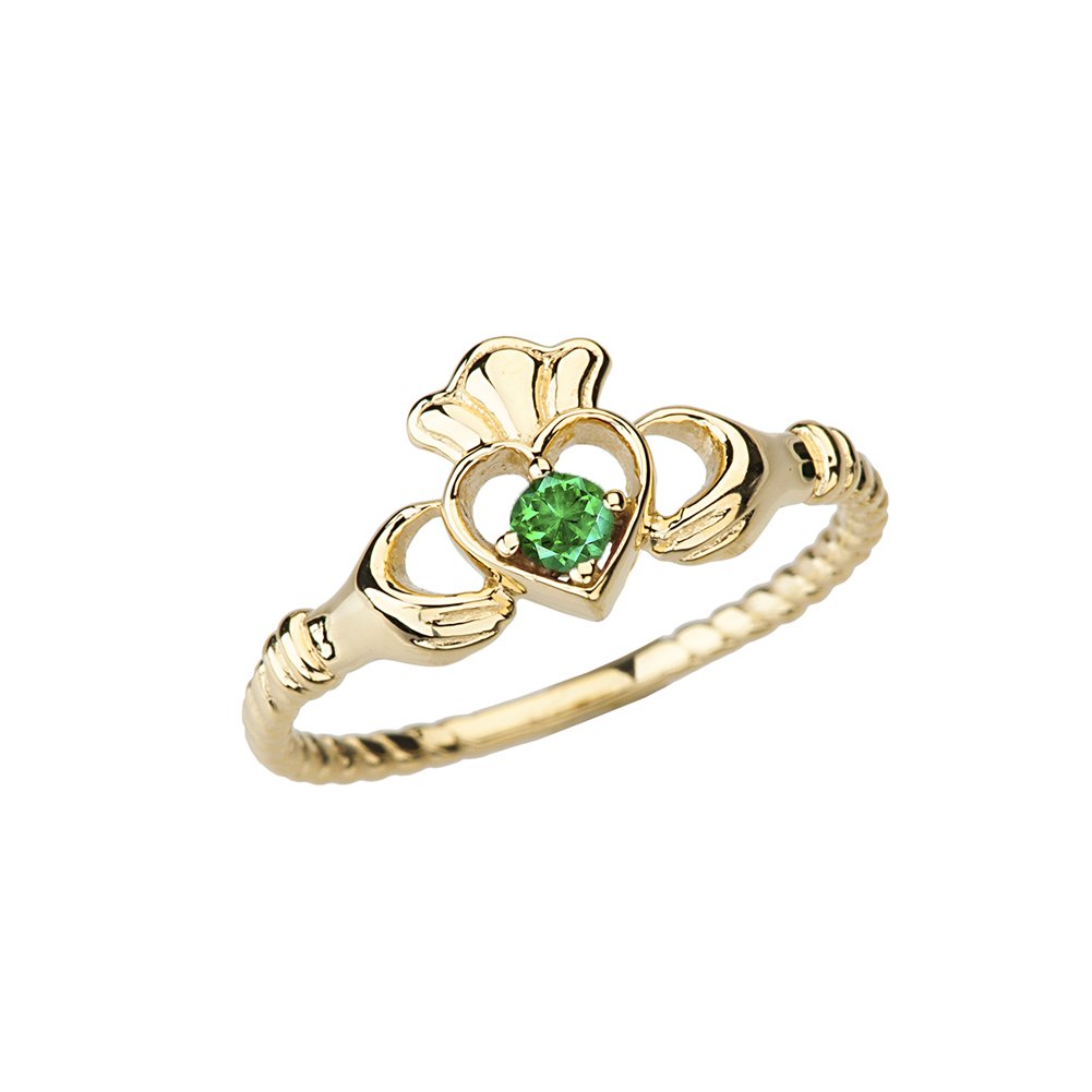 Dainty 10k Yellow Gold Open Heart Solitaire Emerald Rope Claddagh Promise Ring (Size 8.5)