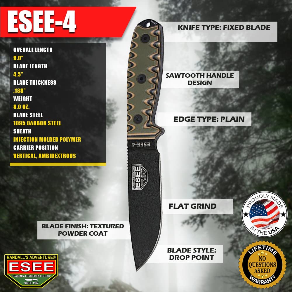 ESEE 4P Survival Fixed Blade Knife, OEM Sawtooth Handle Design, Coyote Brown Sheath