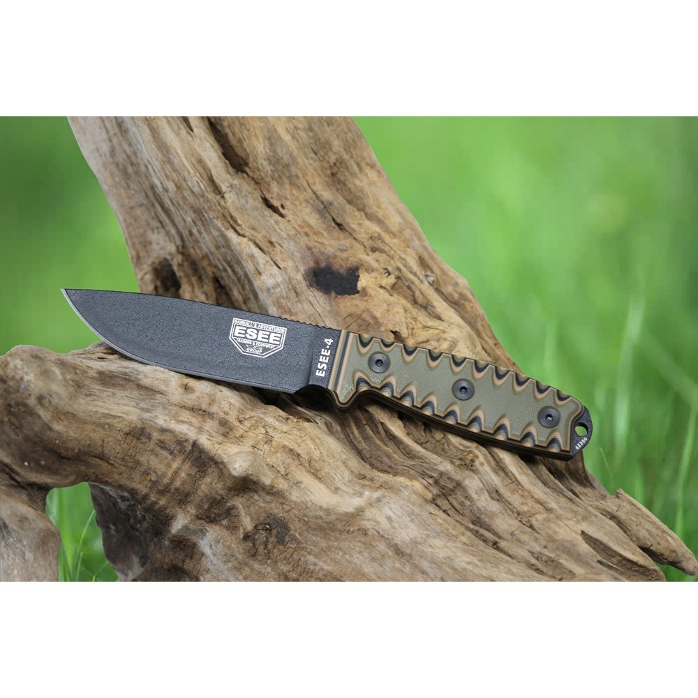 ESEE 4P Survival Fixed Blade Knife, OEM Sawtooth Handle Design, Coyote Brown Sheath