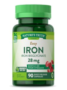 easy iron supplement 28 mg | 90 capsules | iron bisglycinate | non-gmo, gluten free | by nature's truth