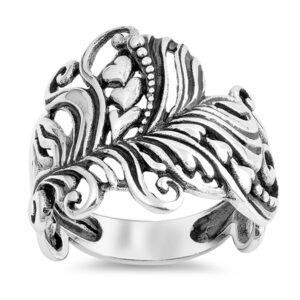 oxidized heart filigree leaf cocktail ring .925 sterling silver band size 10