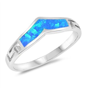 blue simulated opal greek key chevron pointed v ring sterling silver band size 8