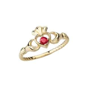 dainty 10k yellow gold open heart solitaire ruby rope claddagh promise ring (size 5)