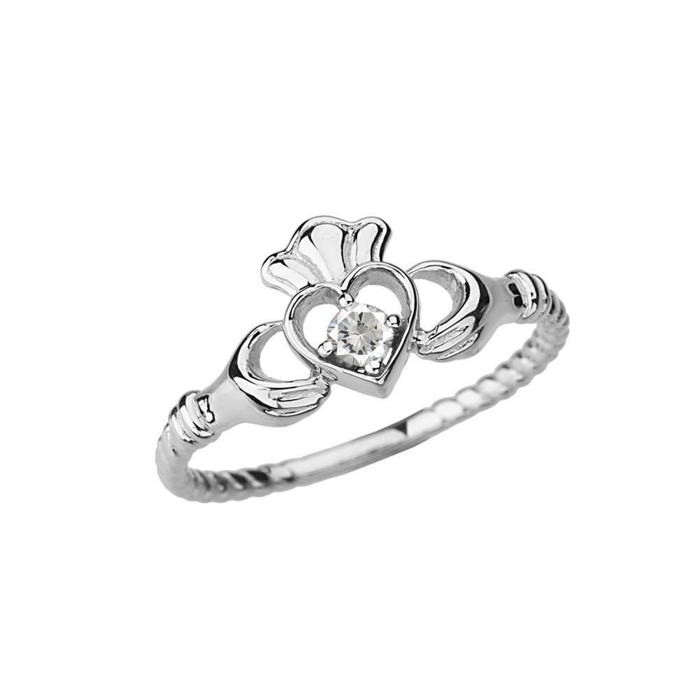 Dainty 10k White Gold Open Heart Solitaire Diamond Rope Claddagh Promise Ring (Size 10)