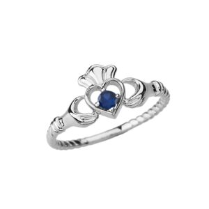 dainty 10k white gold open heart solitaire sapphire rope claddagh promise ring (size 6.5)