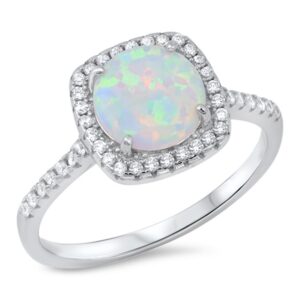 round white simulated opal micro pave halo ring .925 sterling silver band size 11