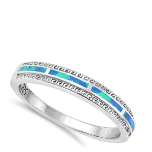 Blue Simulated Opal Greek Key Inlay Wedding Ring Sterling Silver Band Size 9