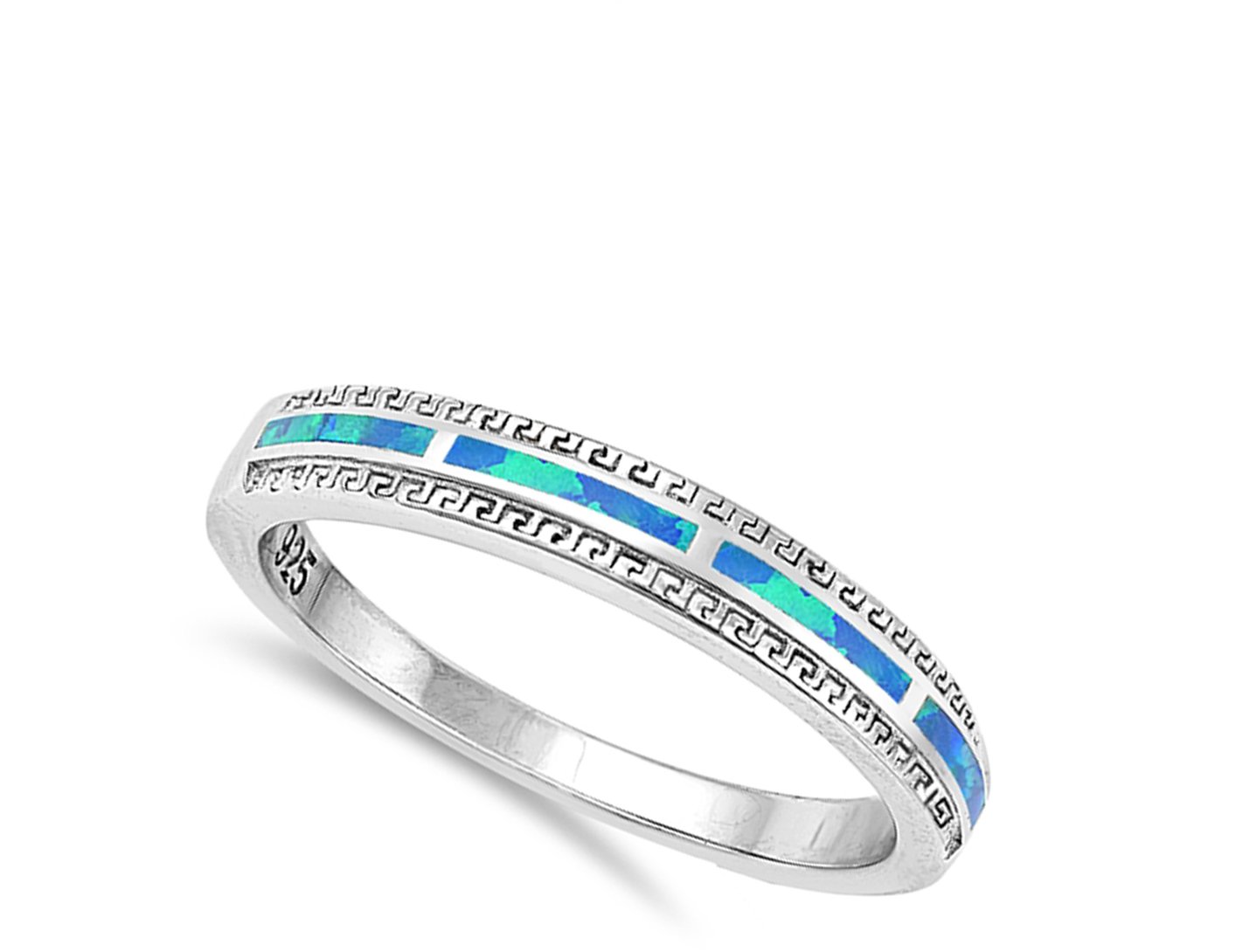 Blue Simulated Opal Greek Key Inlay Wedding Ring Sterling Silver Band Size 9