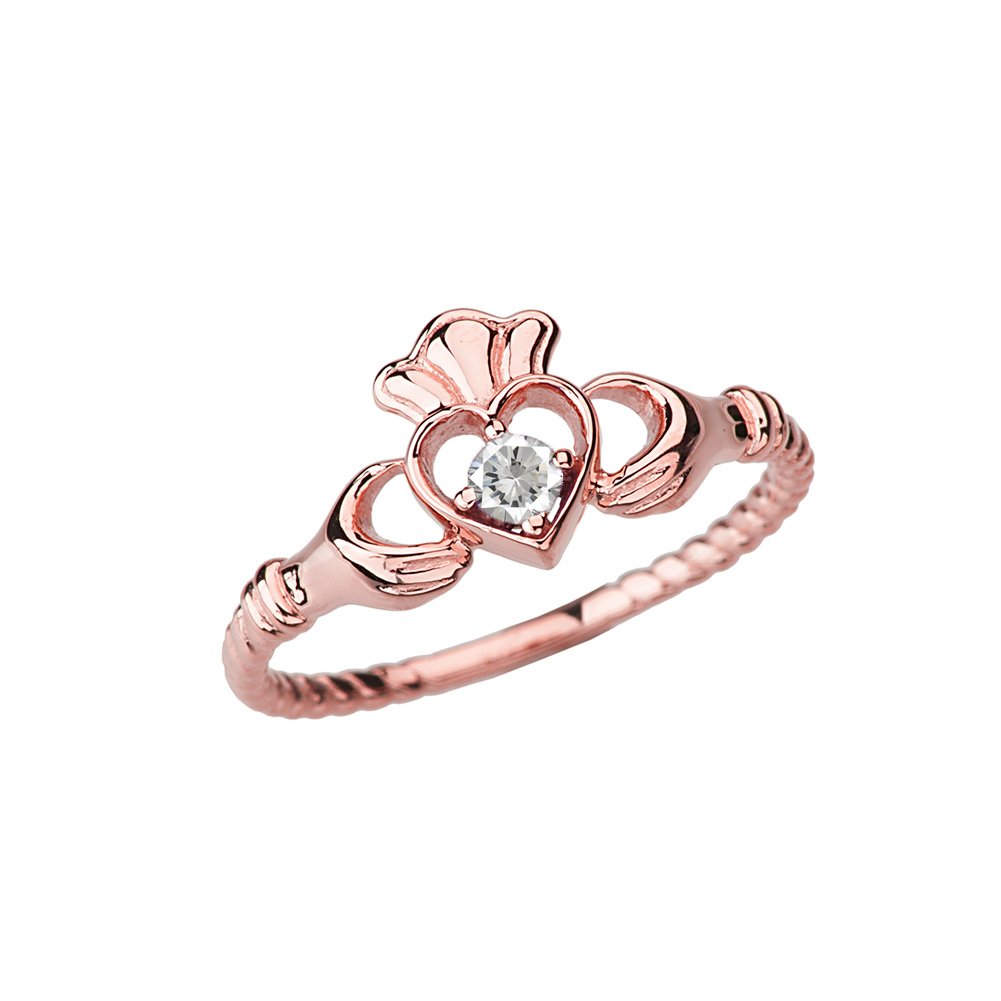 Dainty 10k Rose Gold Open Heart Solitaire CZ Rope Claddagh Promise Ring (Size 7)