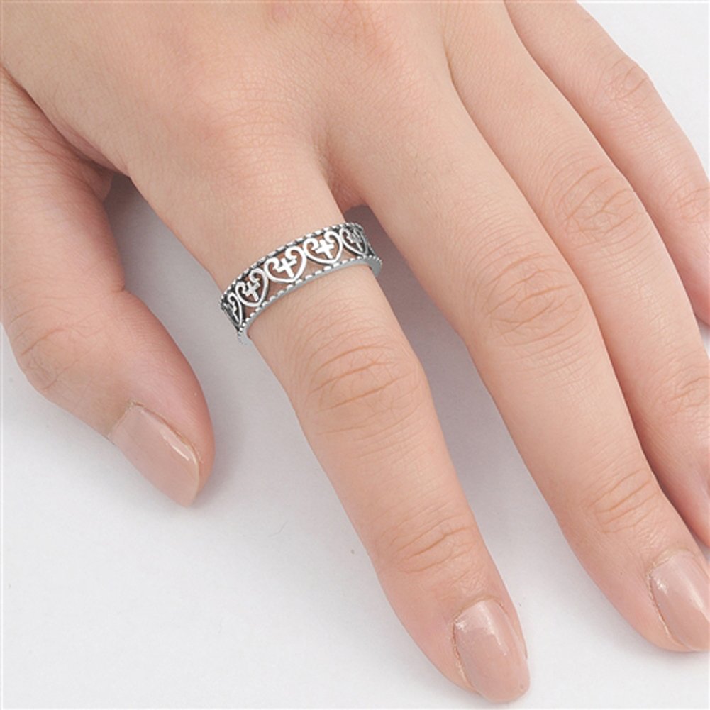 Antiqued Heart Cross Stackable Purity Ring .925 Sterling Silver Band Size 9