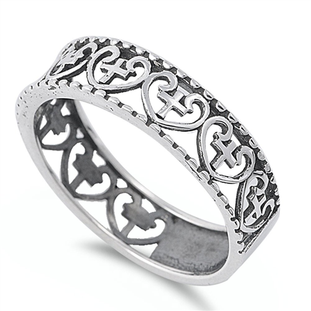 Antiqued Heart Cross Stackable Purity Ring .925 Sterling Silver Band Size 9