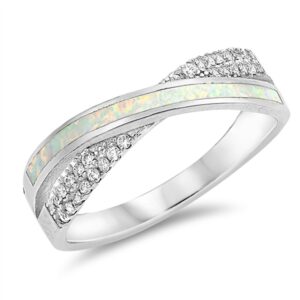 white simulated opal double shank criss cross ring 925 sterling silver band size 7