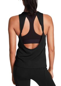 mippo women's open back workout tank top - yoga, gym, running, loose fit sports clothes, black s