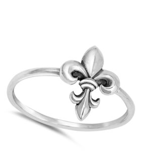 Fleur-de-lis Oxidized Flower Midi Ring New .925 Sterling Silver Band Size 8