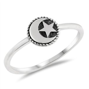 oxidized moon star simple dainty ring 925 sterling silver muslim band size 10