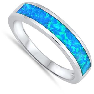 Long Stripe Blue Simulated Opal Wedding Ring New .925 Sterling Silver Band Size 11