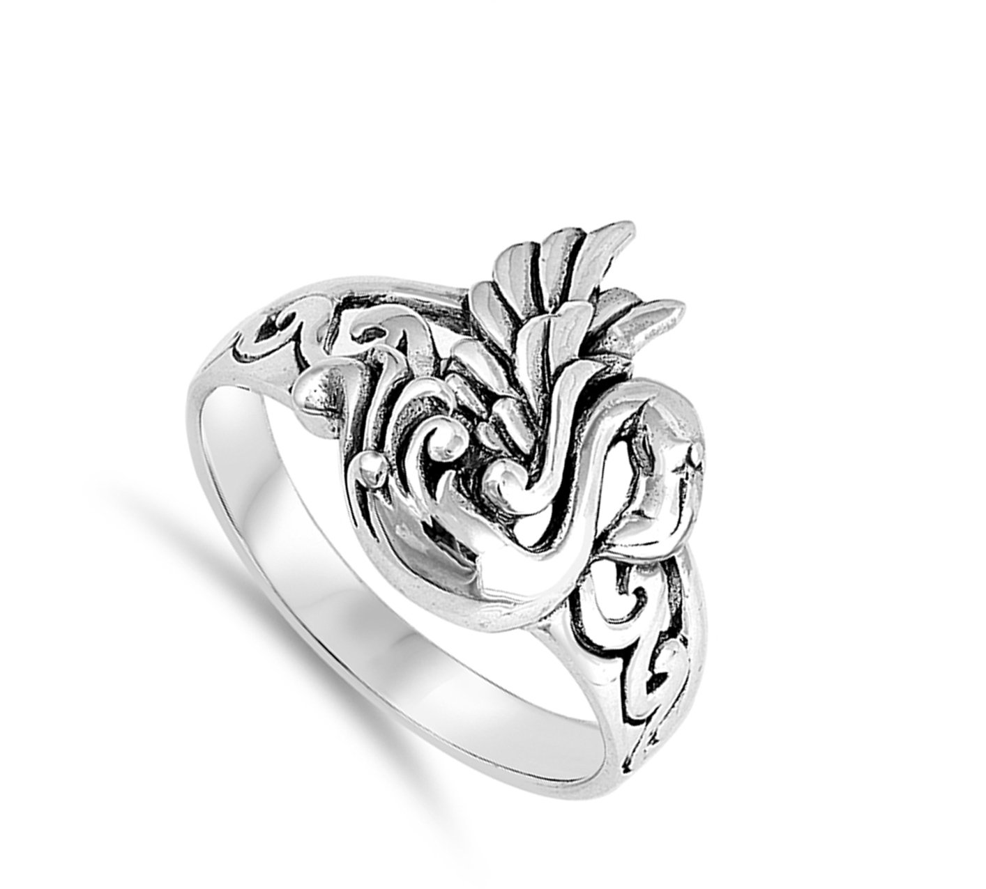 Antiqued Filigree Swan Bird Flamingo Ring .925 Sterling Silver Band Size 7