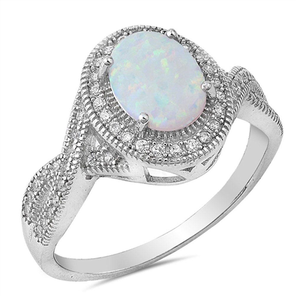 Clear CZ White Simulated Opal Vintage Oval Ring .925 Sterling Silver Band Size 12