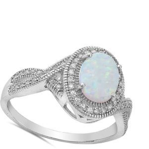 Clear CZ White Simulated Opal Vintage Oval Ring .925 Sterling Silver Band Size 12