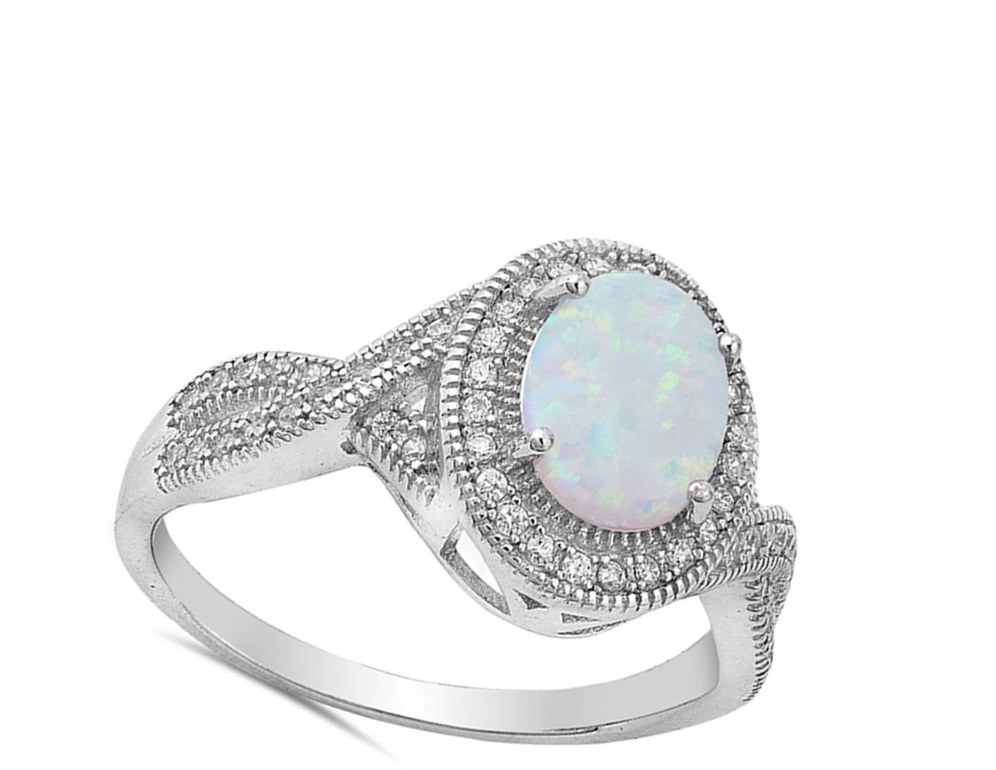 Clear CZ White Simulated Opal Vintage Oval Ring .925 Sterling Silver Band Size 12