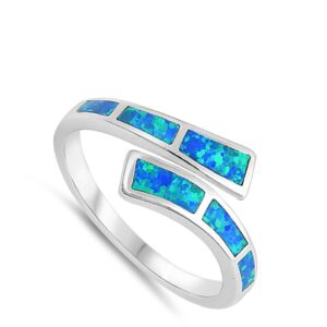 Blue Simulated Opal Wave Joint Ring .925 Sterling Silver Double Shank Band Size 9