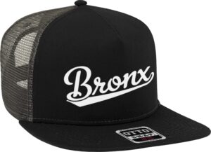 bronx script baseball font snapback trucker hat, black/charcoal grey