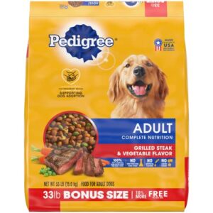 pedigree complete nutrition adult dry dog food grilled steak & vegetable flavor dog kibble, 33 lb. bag