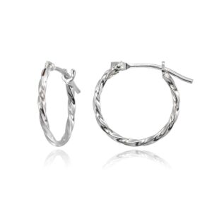 14k white gold very tiny small 12mm high polished twist thin lightweight hoop earrings for men women