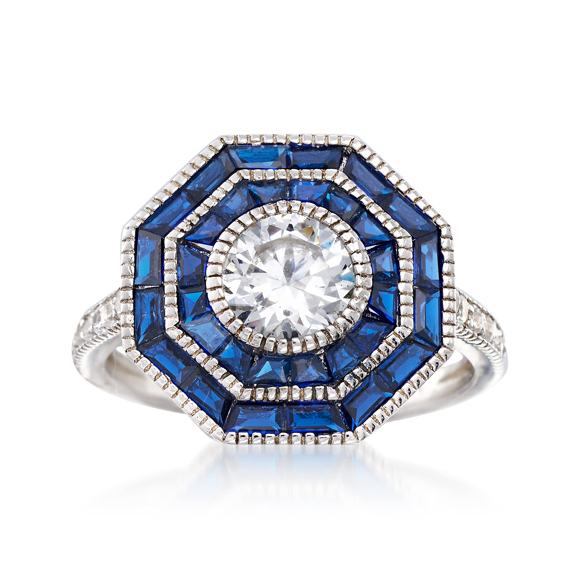 Ross-Simons 1.60 ct. t.w. Simulated Sapphire and 1.05 ct. t.w. CZ Ring in Sterling Silver. Size 7