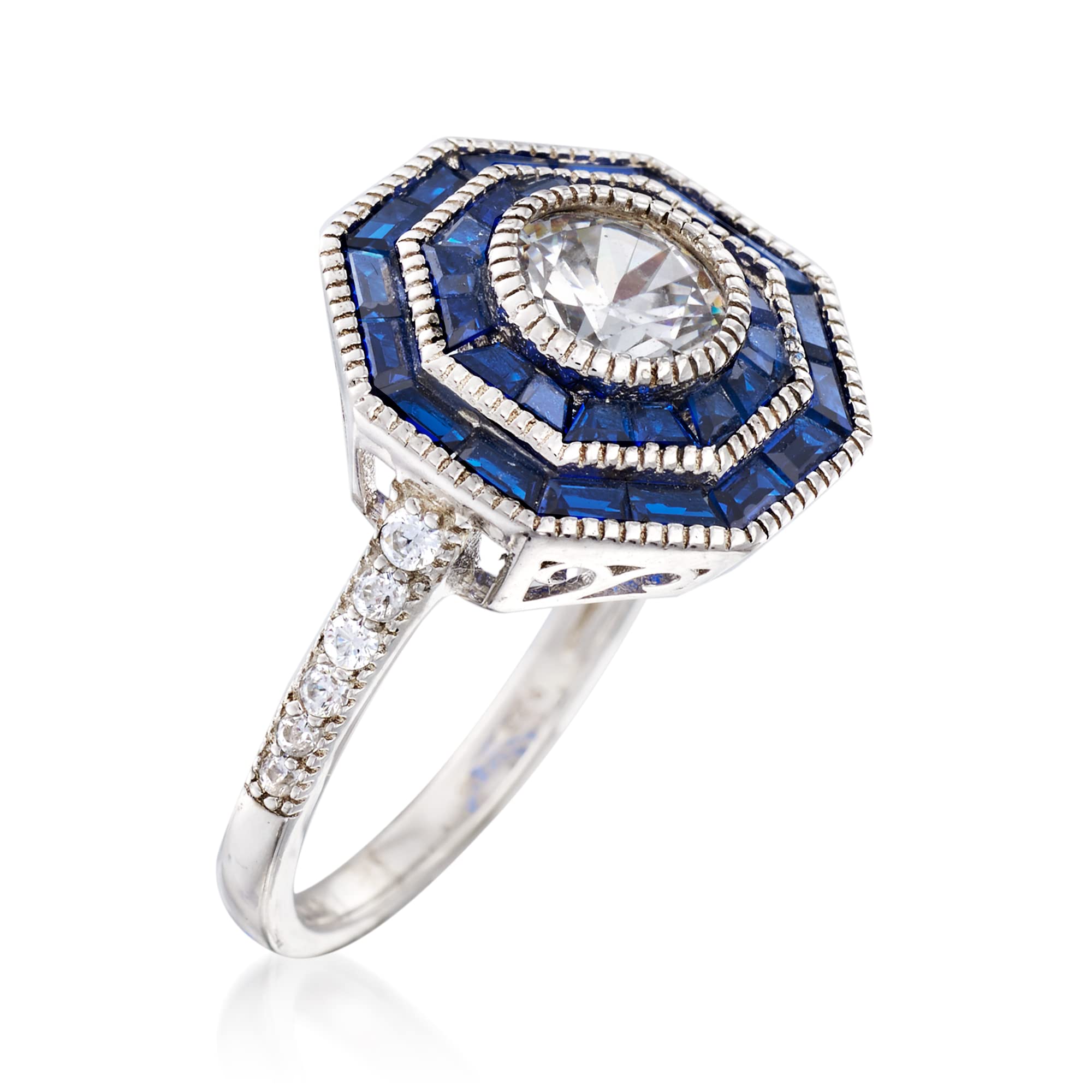 Ross-Simons 1.60 ct. t.w. Simulated Sapphire and 1.05 ct. t.w. CZ Ring in Sterling Silver. Size 7