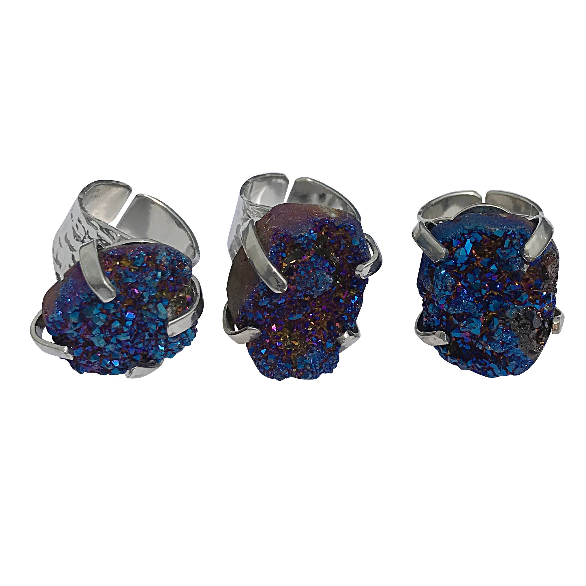 DragonWeave Adjustable Silver Plated Electric Blue Druzy Agate Gemstone Cocktail Ring