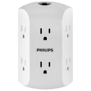 philips 6-outlet extender, grounded wall tap, reset button, circuit breaker, adapter spaced outlets, 3-prong, multiple plug, quick and easy install, cruise essentials, ul listed, white, sps1460wa/37