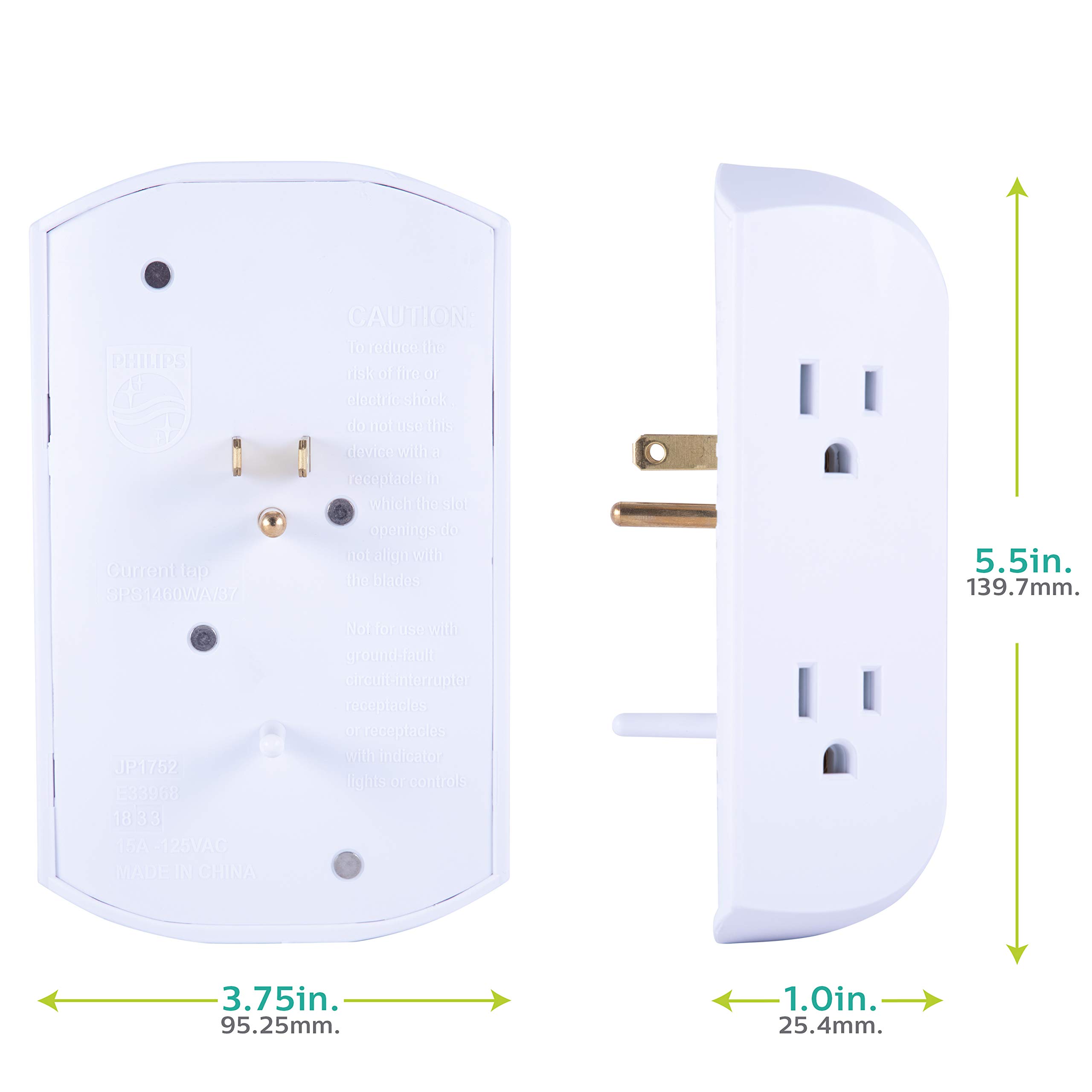 Philips 6-Outlet Extender, Grounded Wall Tap, Reset Button, Circuit Breaker, Adapter Spaced Outlets, 3-Prong, Multiple Plug, Quick and Easy Install, Cruise Essentials, UL Listed, White, SPS1460WA/37