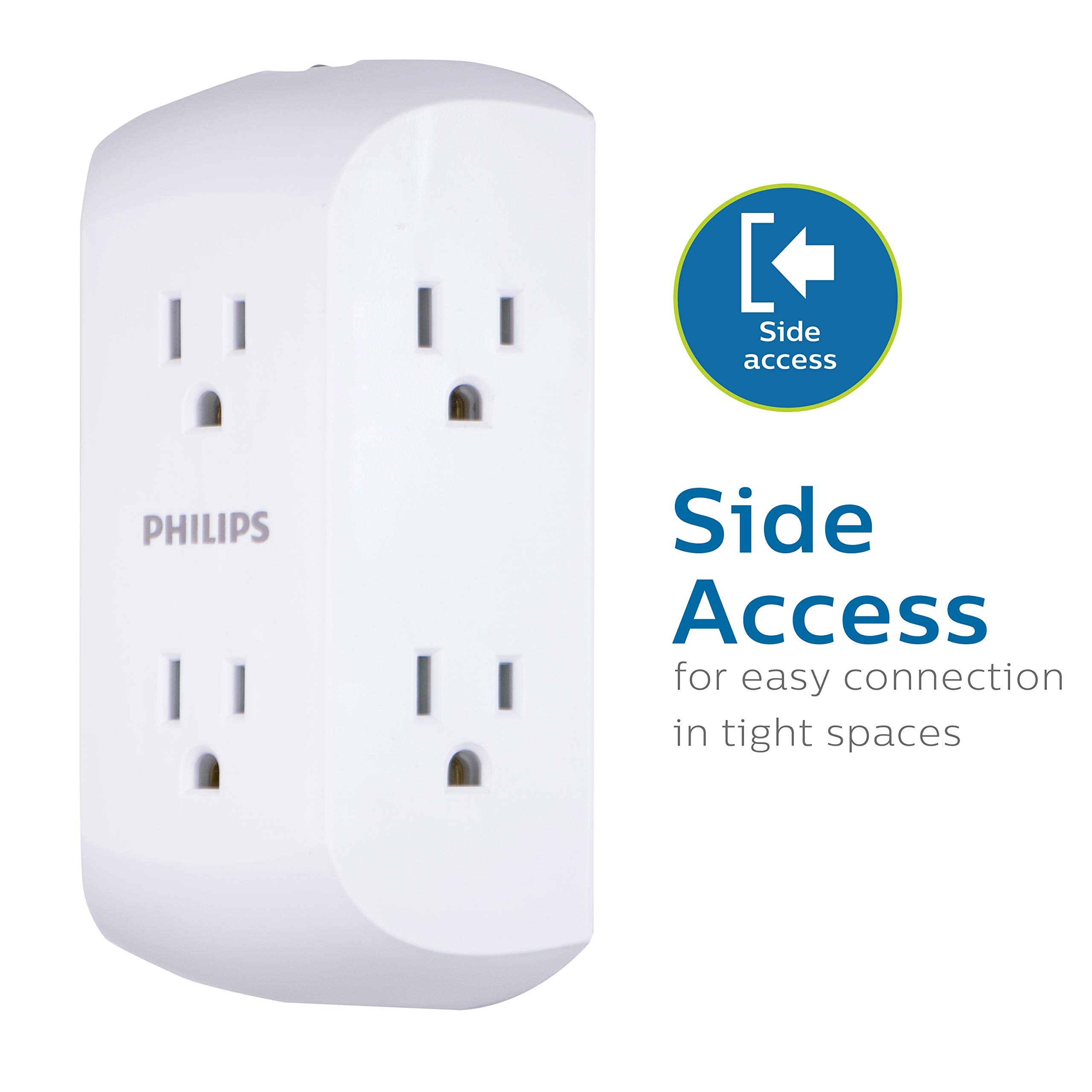 Philips 6-Outlet Extender, Grounded Wall Tap, Reset Button, Circuit Breaker, Adapter Spaced Outlets, 3-Prong, Multiple Plug, Quick and Easy Install, Cruise Essentials, UL Listed, White, SPS1460WA/37