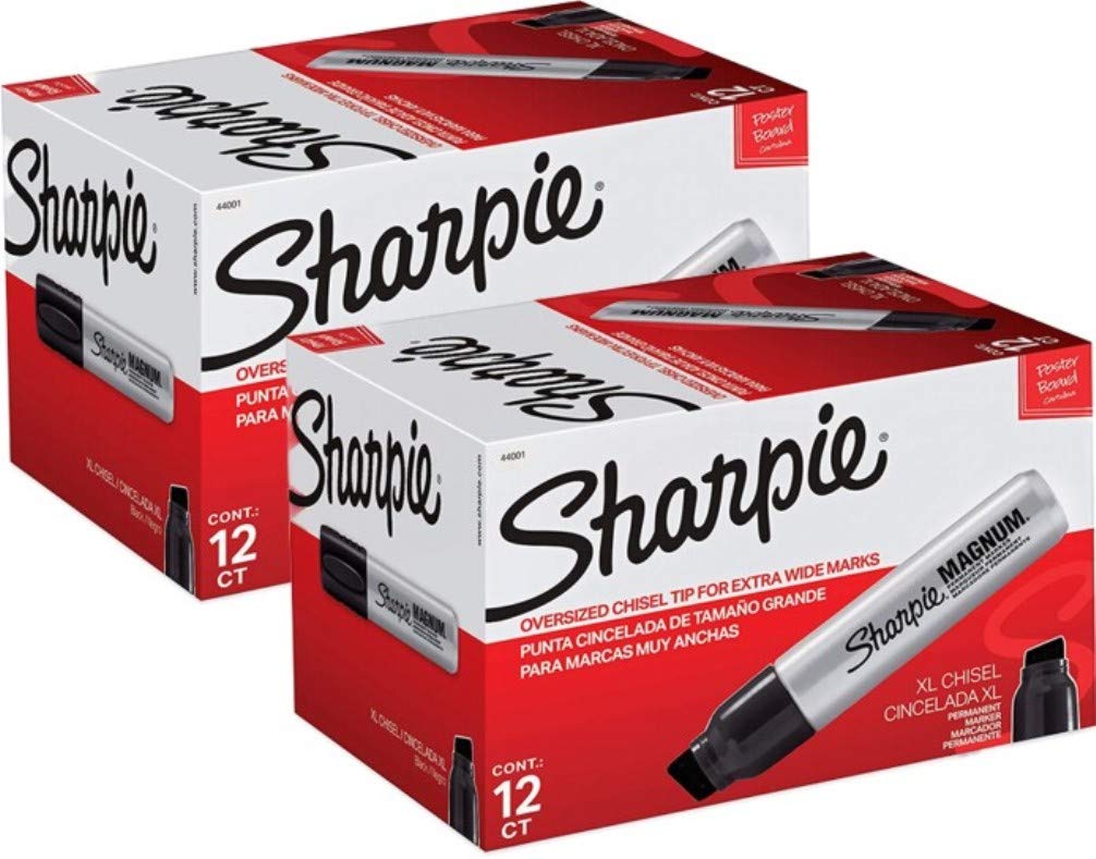 Sharpie 44001 Oversized Chisel Tip Extra Wide Magnum Permanent Marker (2 Boxes), Black, Sturdy Extra-wide Felt Chisel Tip, Quick-drying Ink is Fade-and Water-Resistant, 12 Marker Per Box