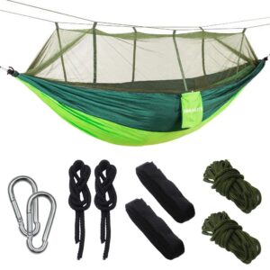 idealux camping hammock with net, lightweight portable double parachute hammocks, 210t nylon, high capacity and tear resistance, perfect for camping, backyard relaxation (green)