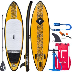 inflatable stand up paddle board rouge 9'0" x 30" x 4" surf isup with bravo sup3 double action hand pump, 3 piece carbon & fiberglass paddle, 10' leash, portable backpack and repair kit - redder