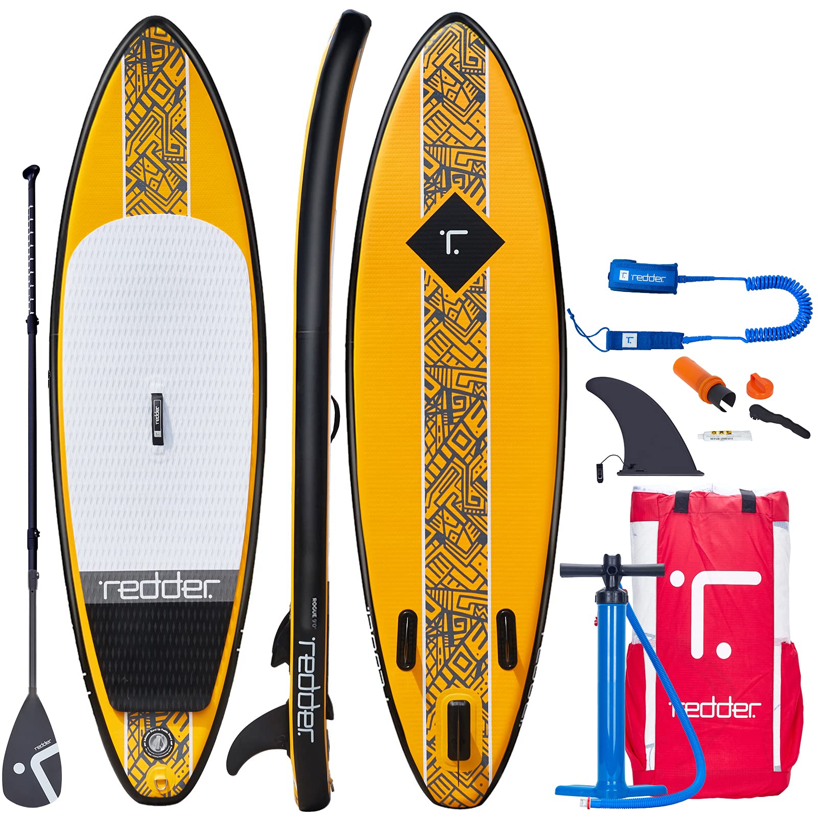 Inflatable Stand Up Paddle Board Rouge 9'0" x 30" x 4" Surf ISUP With Bravo SUP3 Double Action Hand Pump, 3 Piece Carbon & Fiberglass Paddle, 10' Leash, Portable Backpack And Repair Kit - REDDER