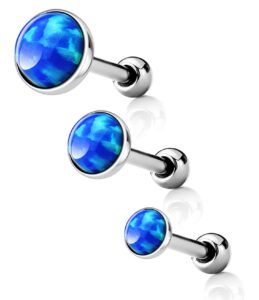 forbidden body jewelry 3-pack: 16g surgical steel synthetic blue opal cartilage studs, 3mm/4mm/5mm opalite