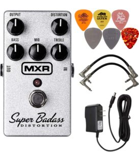 mxr m75 super badass distortion guitar effects pedal with power supply, 2 patch cables, and 6 dunlop picks