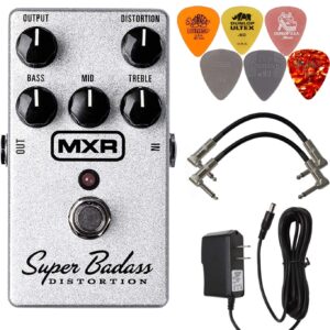 MXR M75 Super Badass Distortion Guitar Effects Pedal with Power Supply, 2 Patch Cables, and 6 Dunlop Picks