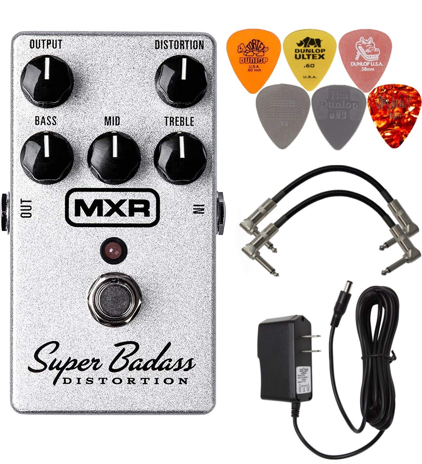 MXR M75 Super Badass Distortion Guitar Effects Pedal with Power Supply, 2 Patch Cables, and 6 Dunlop Picks