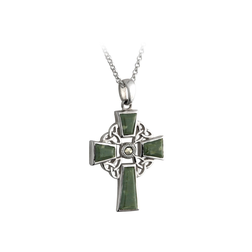 Biddy Murphy Irish Celtic Cross 18" Necklace with Connemara Marble, Trinity Knot Catholic 925 Sterling Silver Pendant, Fine Jewelry Imported Direct from Ireland