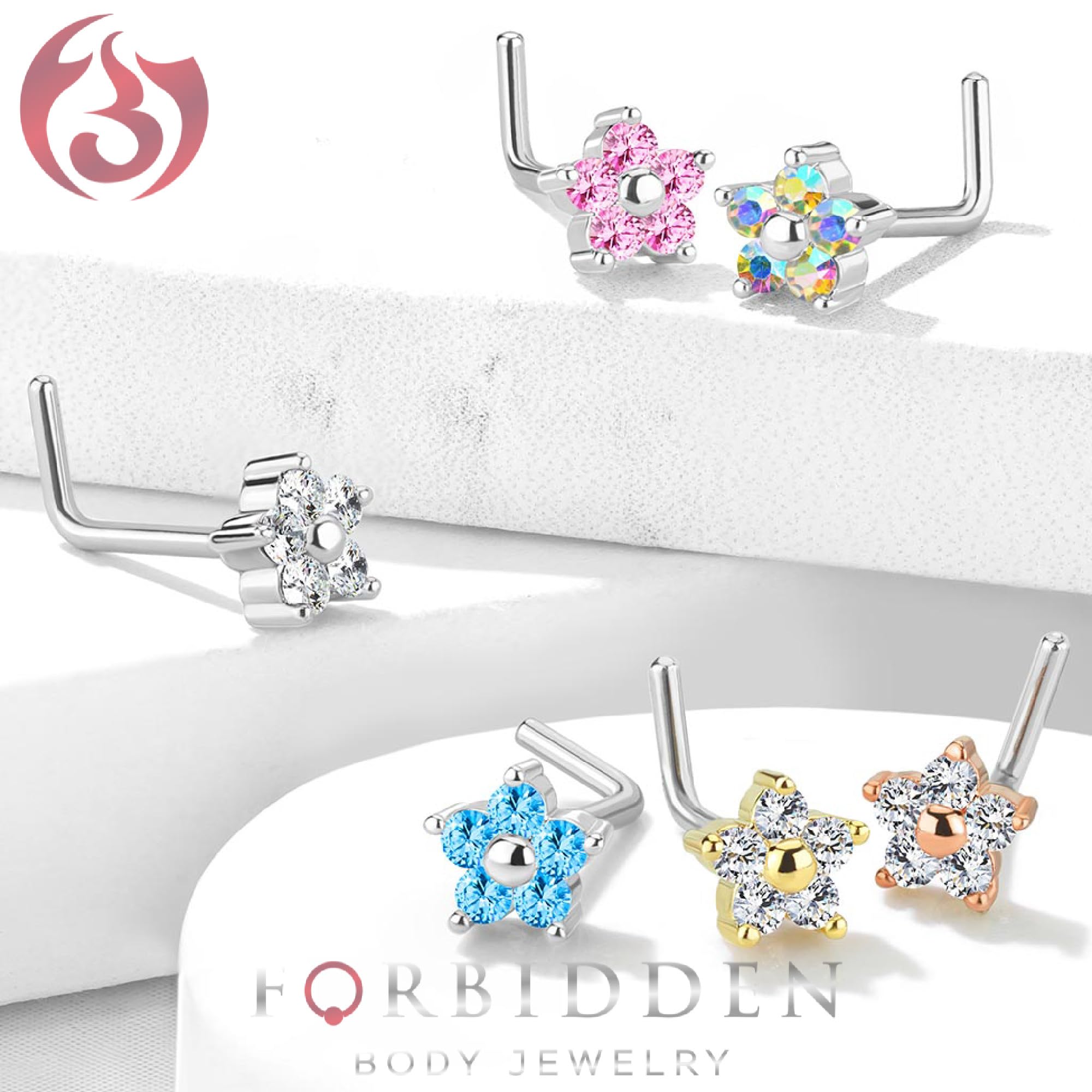 Forbidden Body Jewelry 20g Surgical Steel L Shaped Nose Ring with 5-CZ Flower Top