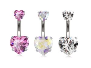 belly button rings navel rings surgical steel 14g cz cute heart shape body piecing jewelry for women girls (3 pcs(clear+ab colour+pink))