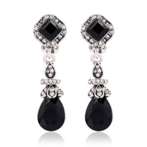 bridal vintage earring long resin rhinestone clip on earrings without piercing for women (black)